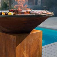 China Wood Burning Metal Outdoor BBQ Table Corten Steel Fire Pit Barbecue Grill for sale
