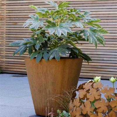 China Outdoor Garden Metal Flower Pots Tapered Cylinder Corten Steel Conical Planters for sale
