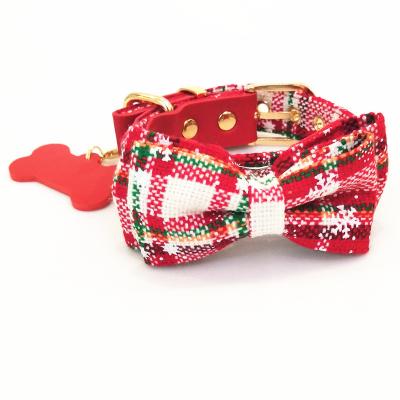 China High Quality Christmas Red Tartan Plaid Pattern Collapsible Cotton Fabric Bowknot Dog Collar for sale