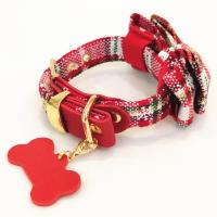 China High Quality Christmas Red Tartan Plaid Pattern Collapsible Cotton Fabric Bowknot Dog Collar for sale