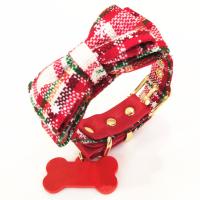China High Quality Christmas Red Tartan Plaid Pattern Collapsible Cotton Fabric Bowknot Dog Collar for sale