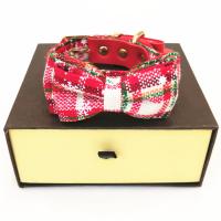 China High Quality Christmas Red Tartan Plaid Pattern Collapsible Cotton Fabric Bowknot Dog Collar for sale