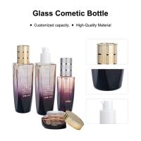 China 40ml/100ml/50g Glass Transparent to purple gradient cylindrical Smooth with white pump for cosmetic packaging bottle for sale