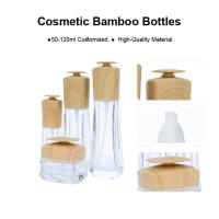 China Transparent Glass Cosmetic Bamboo Bottle Bamboo Cosmetic Jar Set With Bamboo Lids for sale