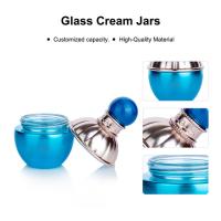 China 50ml Cylindrical Blue Frosted Glass Bottle With Golden Lid For Empty Cream Jar for sale