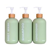 China 500ml Green cylindrical smooth with bamboo pump for shampoo lotion bottle for sale