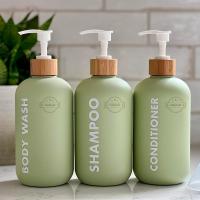 China 500ml Green cylindrical smooth with bamboo pump for shampoo lotion bottle for sale