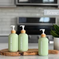 China 500ml Green cylindrical smooth with bamboo pump for shampoo lotion bottle for sale