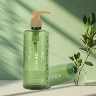 China 250ml Green cylindrical smooth with bamboo pump for shampoo lotion bottle for sale