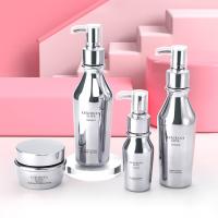 China 50g/50ml/120ml Glass cylinder Smooth silver/black bottle with silver/white pump/lid For Empty Cosmetic Packing Combo for sale