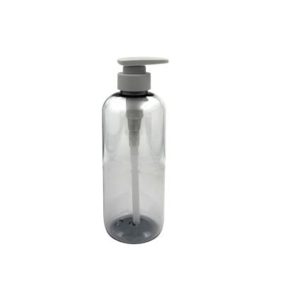 China Thick Walled 500ml Gray Transparent PET Material Flat Press Pump Plastic Bottle For Shower Gel for sale