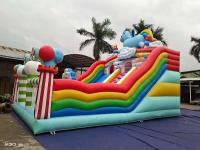 China Rainbow Horse Two Parallel Channels Inflatable Slides With Candy Shaped Pillars for sale