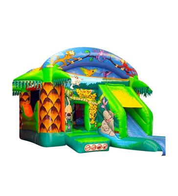 China Green Slide Inflatable Castles Decorated With Patterns Of Monkeys And Birds for sale