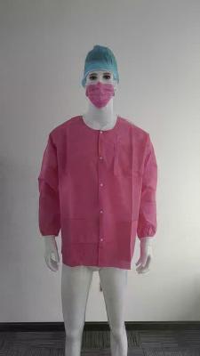 China S&J Disposable Spunlace Lab Jacket Spunlace Nonwoven Premium Quality Knitted Collar and Cuff Front Button Closure Three Pocktets for sale