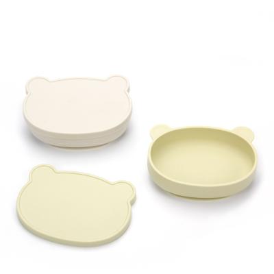 China Food Grade Silicone Baby Bowl with Lid Bear Cartoon Design 50K Fall Resistant Suction Cup for sale