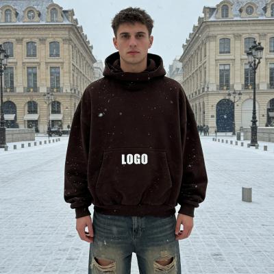 China Wholesale Custom Streetwear Face Masked Blank Cropped Hoodie Men Distressed 100% Cotton Thick Stone Washed Boxy Fleece Hoodie for sale