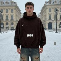 China Wholesale Custom Streetwear Face Masked Blank Cropped Hoodie Men Distressed 100% Cotton Thick Stone Washed Boxy Fleece Hoodie for sale