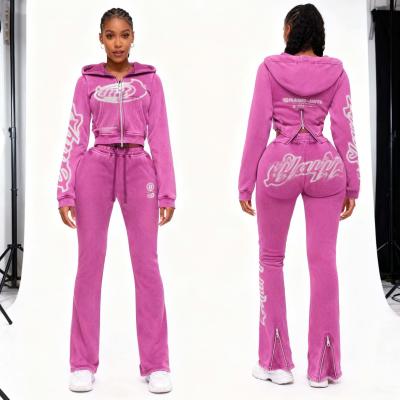 China Oem/odm New Trending Vintage Acid Wash Sweatsuit Custom Print Streetwear Zip up Jacket Tracskuit Crop pink Hoodie Set for Women for sale