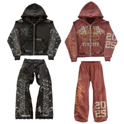 China Manufacturer Custom Rhinestone Acid Wash Streetwear Tracksuit High Quality Sweatsuit Plaid Flared Sweatpants and Hoodie Sets for sale