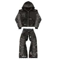China Manufacturer Custom Rhinestone Acid Wash Streetwear Tracksuit High Quality Sweatsuit Plaid Flared Sweatpants and Hoodie Sets for sale
