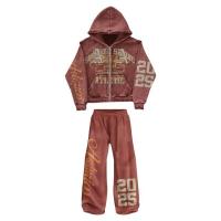 China Manufacturer Custom Rhinestone Acid Wash Streetwear Tracksuit High Quality Sweatsuit Plaid Flared Sweatpants and Hoodie Sets for sale