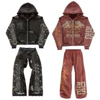 China Manufacturer Custom Rhinestone Acid Wash Streetwear Tracksuit High Quality Sweatsuit Plaid Flared Sweatpants and Hoodie Sets for sale