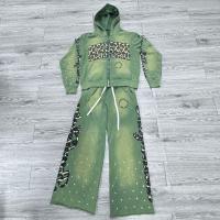 China Manufacturer Custom Rhinestone Baggy Sweatsuit Streetwear Tracksuit Leopard Print Acid Wash Flared Sweatpants and Hoodie Sets for sale