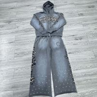 China Manufacturer Custom Rhinestone Baggy Sweatsuit Streetwear Tracksuit Leopard Print Acid Wash Flared Sweatpants and Hoodie Sets for sale