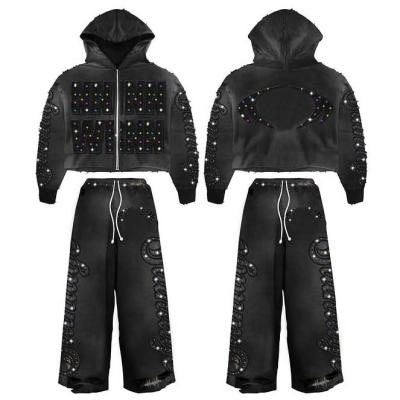 China Custom Heavyweight Acid Wash Flared Sweatpants and Hoodie Sets Men Embroidery Streetwear Tracksuit Rhinestone Cropped Sweatsuit for sale