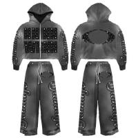 China Custom Heavyweight Acid Wash Flared Sweatpants and Hoodie Sets Men Embroidery Streetwear Tracksuit Rhinestone Cropped Sweatsuit for sale