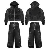China Custom Heavyweight Acid Wash Flared Sweatpants and Hoodie Sets Men Embroidery Streetwear Tracksuit Rhinestone Cropped Sweatsuit for sale