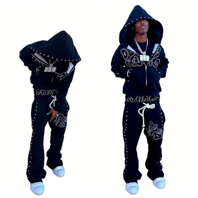 China Wholesale Rhinestone French Terry Sweatsuit Acid Wash Flared Sweatpants and Hoodie Sets Cotton Custom Streetwear Tracksuits Men for sale