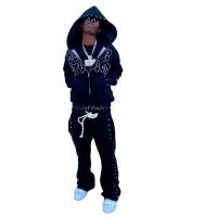 China Wholesale Rhinestone French Terry Sweatsuit Acid Wash Flared Sweatpants and Hoodie Sets Cotton Custom Streetwear Tracksuits Men for sale