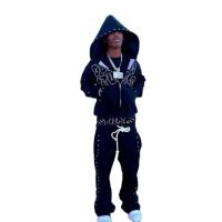 China Wholesale Rhinestone French Terry Sweatsuit Acid Wash Flared Sweatpants and Hoodie Sets Cotton Custom Streetwear Tracksuits Men for sale