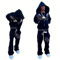 China Wholesale Rhinestone French Terry Sweatsuit Acid Wash Flared Sweatpants and Hoodie Sets Cotton Custom Streetwear Tracksuits Men for sale