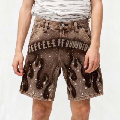 China Manufacturer Custom Rhinestone Vintage Printed Denim Shorts De Hombre Cargo Designer Jean Jorts Summer Baggy Shorts for Men for sale