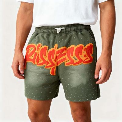 China Custom Men'S Acid Wash Shorts Vintage Cropped Design Heavy Cotton 3d Puff Printed Distressed Rhinestone Streetwear Fleece Shorts for sale