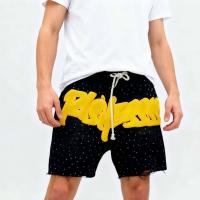 China Custom Men'S Acid Wash Shorts Vintage Cropped Design Heavy Cotton 3d Puff Printed Distressed Rhinestone Streetwear Fleece Shorts for sale