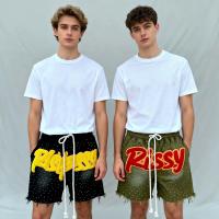 China Custom Men'S Acid Wash Shorts Vintage Cropped Design Heavy Cotton 3d Puff Printed Distressed Rhinestone Streetwear Fleece Shorts for sale