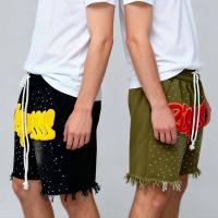 China Custom Men'S Acid Wash Shorts Vintage Cropped Design Heavy Cotton 3d Puff Printed Distressed Rhinestone Streetwear Fleece Shorts for sale