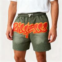China Custom Men'S Acid Wash Shorts Vintage Cropped Design Heavy Cotton 3d Puff Printed Distressed Rhinestone Streetwear Fleece Shorts for sale