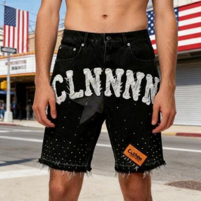 China Custom Streetwear Denim Baggy Stacked Shorts Manufacturer Distressed Embroidery Patch Rhinestone Flared Jorts Jeans Shorts Men for sale