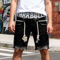China Custom Print Crystal Logo Summer Denim Jorts Shorts for Men Rhinestone Baggy Vintage Double Waist Jeans Shorts Manufacturer for sale