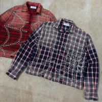 China Manufacturers Custom Plaid Button up Shirts for Men Flannel Distressed Acid Washed Rhinestone Lapel Streetwear Fashion Shirts for sale