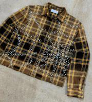 China Manufacturers Custom Plaid Button up Shirts for Men Flannel Distressed Acid Washed Rhinestone Lapel Streetwear Fashion Shirts for sale