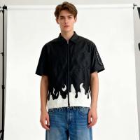 China Custom Distressed Applique Embroidery Pu Shirt Zip up Summer Short Sleeve Hip Hop Oversized Leather Shirt for Men for sale