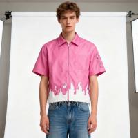 China Custom Distressed Applique Embroidery Pu Shirt Zip up Summer Short Sleeve Hip Hop Oversized Leather Shirt for Men for sale
