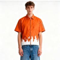 China Custom Distressed Applique Embroidery Pu Shirt Zip up Summer Short Sleeve Hip Hop Oversized Leather Shirt for Men for sale