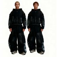 China Custom Streetwear French Terry Sweatsuit Oversized Cropped Acid Wash Streetwear Tracksuit Flared Sweatpants and Hoodie Sets for sale