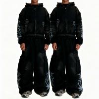 China Custom Streetwear French Terry Sweatsuit Oversized Cropped Acid Wash Streetwear Tracksuit Flared Sweatpants and Hoodie Sets for sale